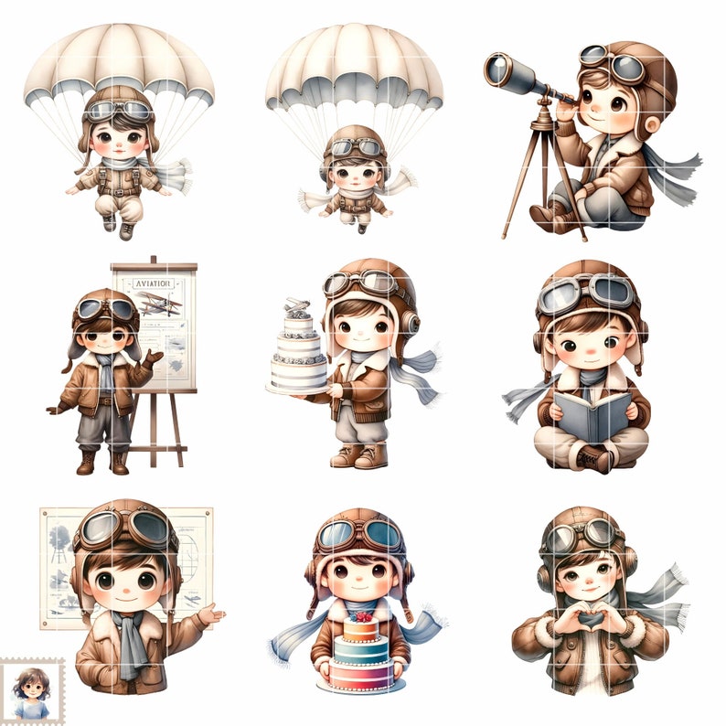 Aviator Boy Watercolor Clipart: 50 PNG Illustrations (digital Download ...