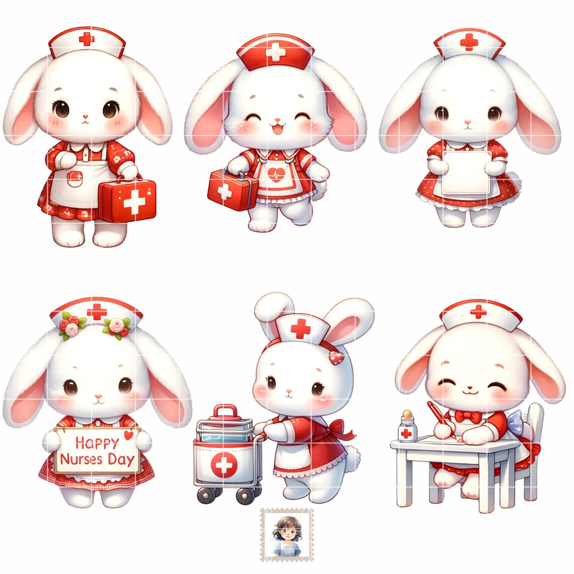 Whimsical Rabbit Nurse: 30 Watercolor PNG Illustrations Clipart instant ...