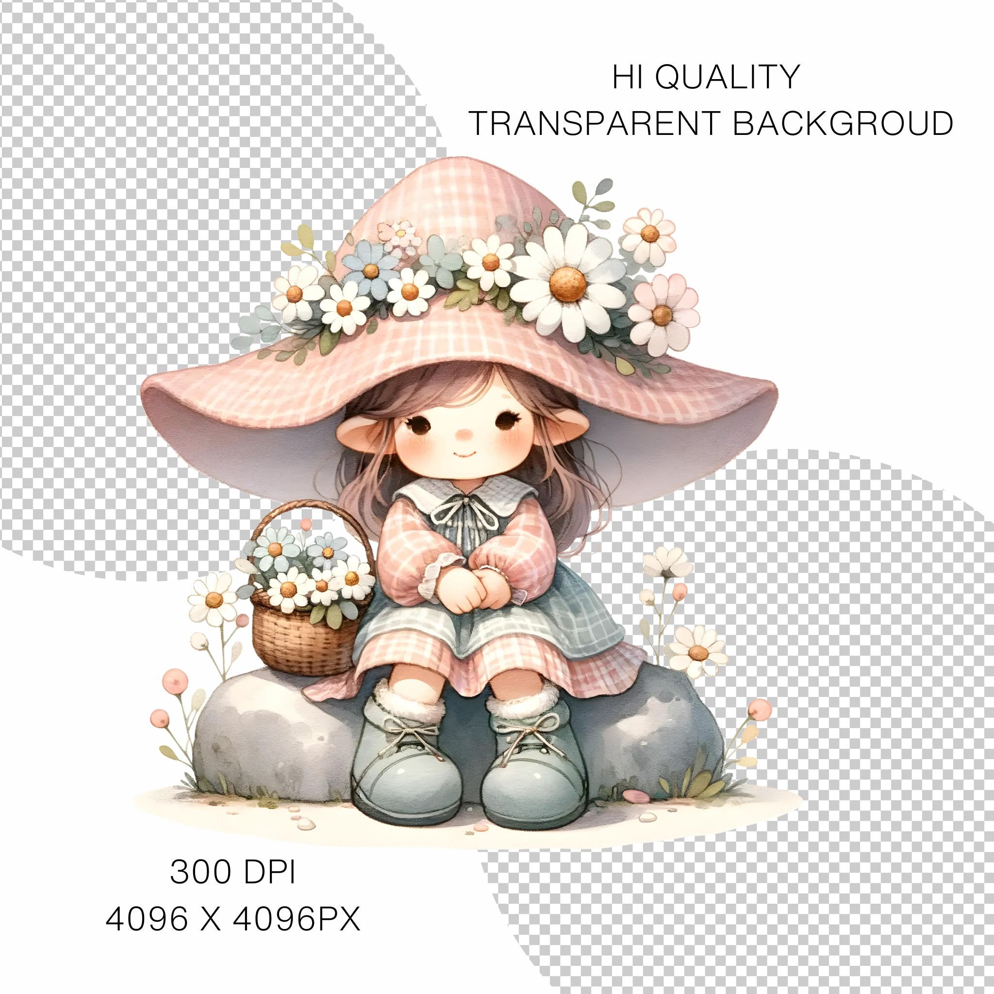 Daisy Gnome Girl Clipart: 30 PNG Watercolor Illustrations (commercial ...