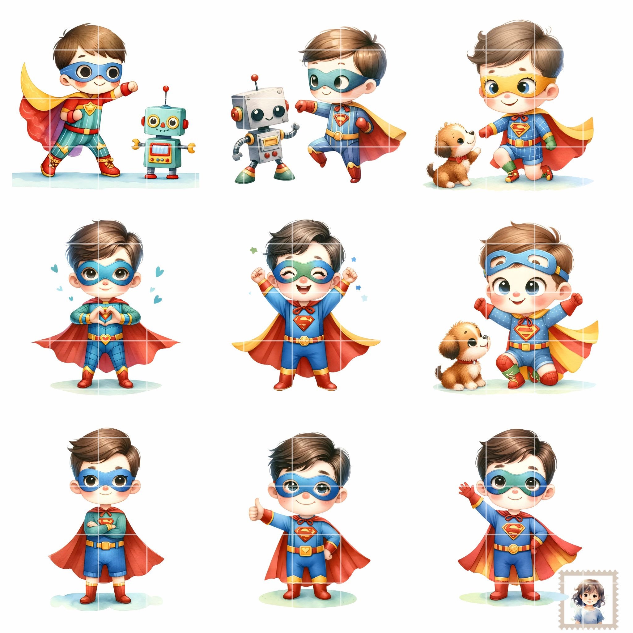 Superhero Adventures: 50 Watercolor PNG Illustrations Clipart of Boys ...