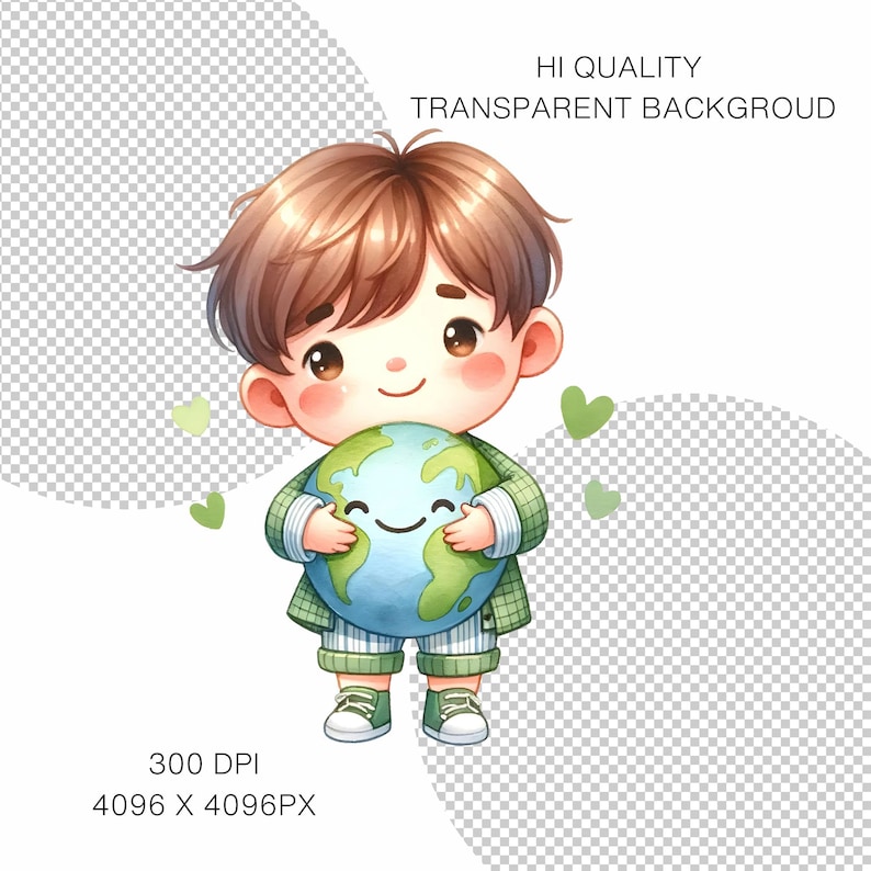 Earth Day Boy Watercolor Clipart: Environmental PNG Set (digital ...