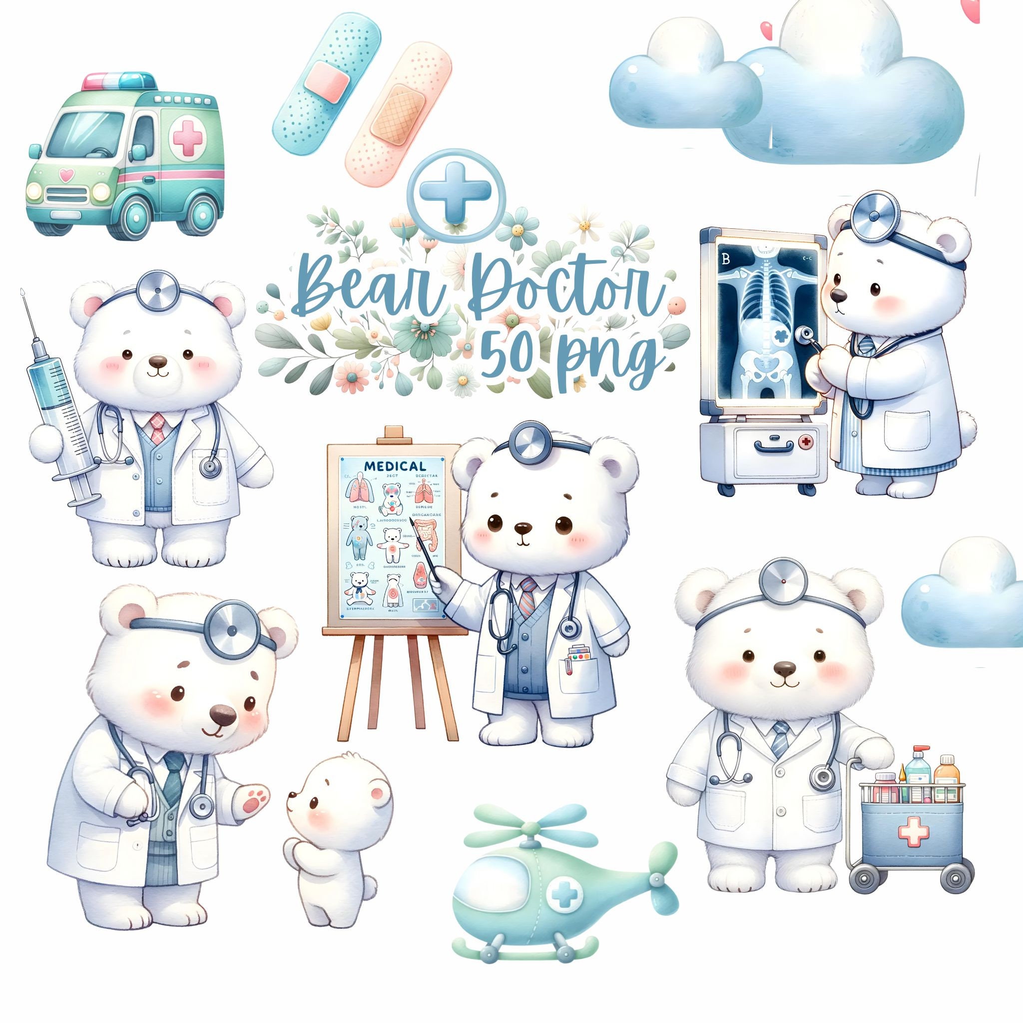 Doctor Bear Watercolor Clipart: 50 PNG Illustrations (digital Download ...