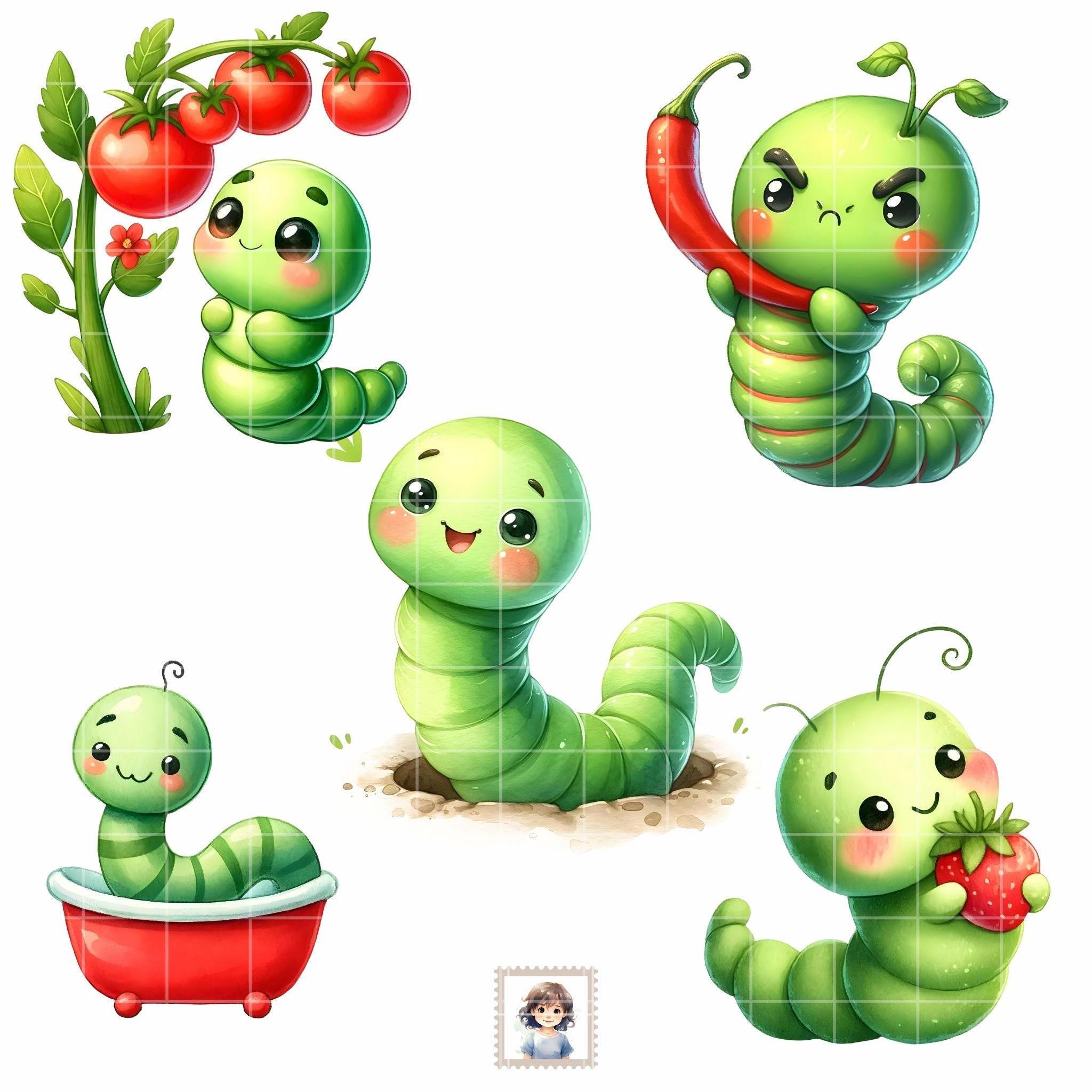 Cheerful Wormy Friends: 30 Cute Worm Watercolor Clipart Pngs - Digital ...