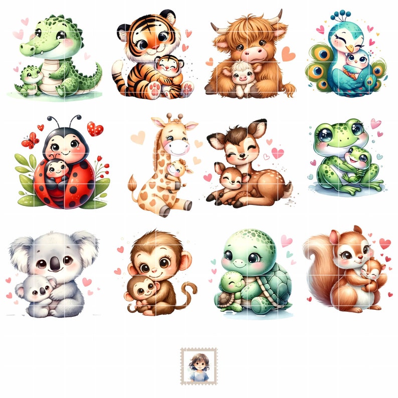 Animal Mom & Baby Clipart: 101 Watercolor PNG Files (digital Download ...