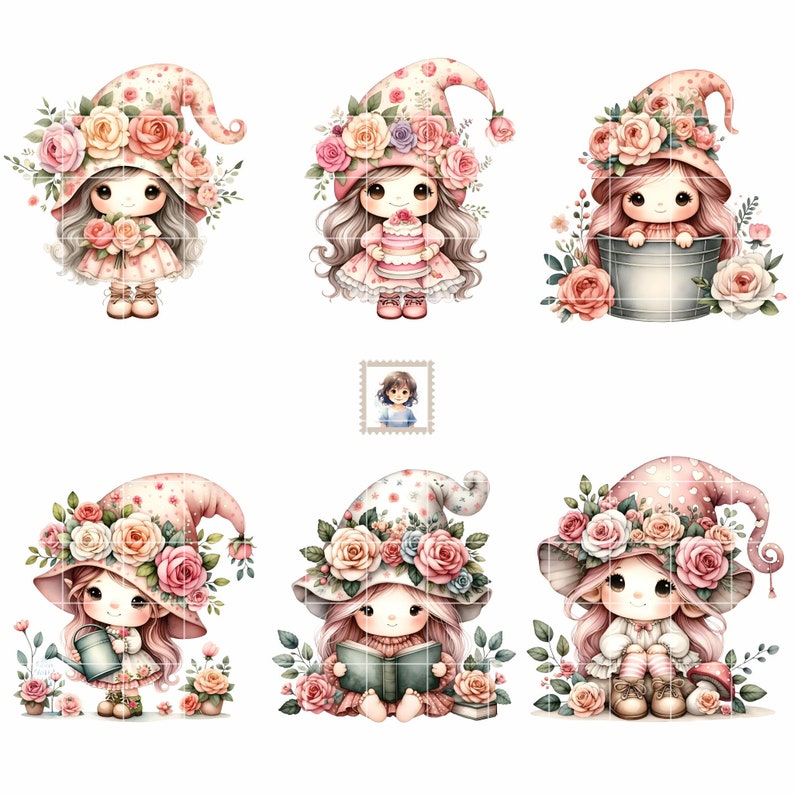 Rose Gnome: 36 PNG Watercolor Rose Gnome Girl Clipart - Instant ...