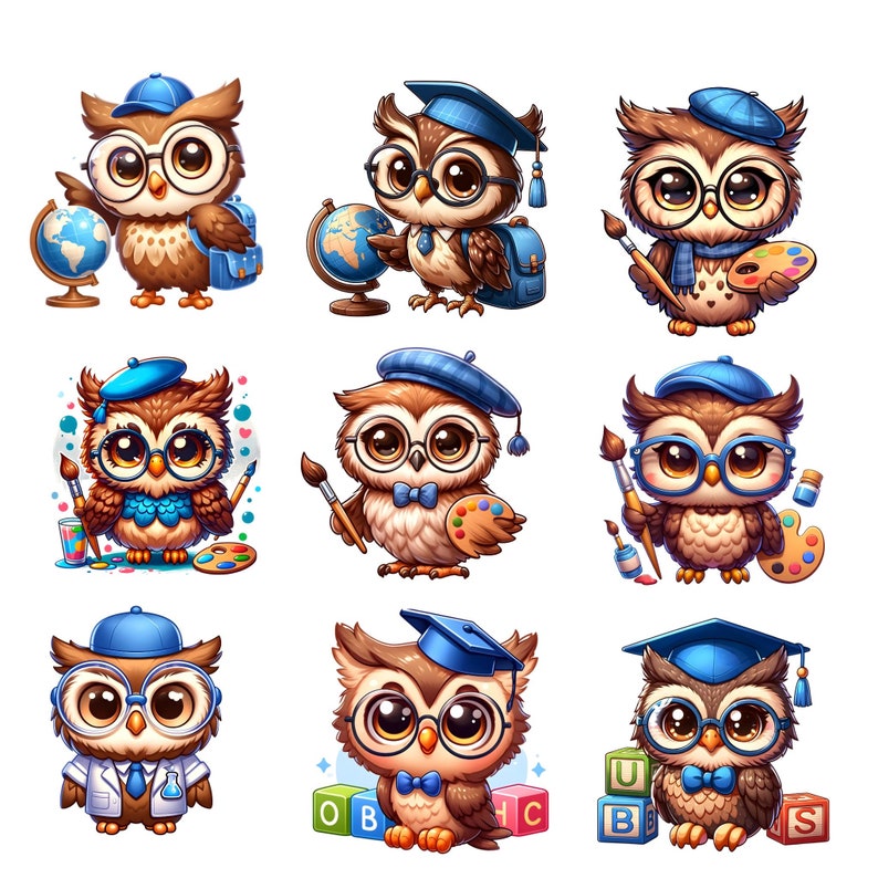 Whimsical School Owl Clipart | 50 PNG Education Illustrations | Back to ...