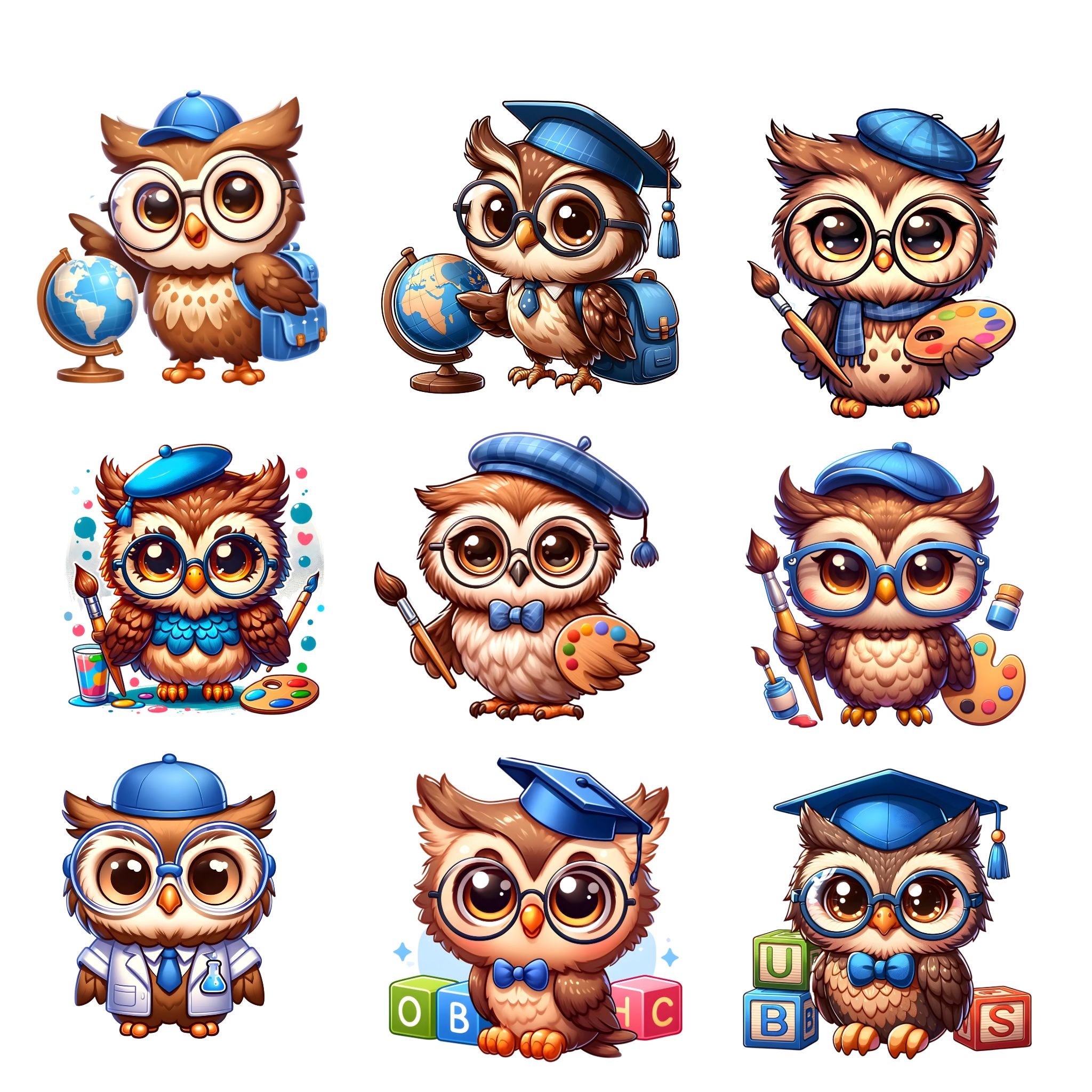 Whimsical School Owl Clipart | 50 PNG Education Illustrations | Back to ...