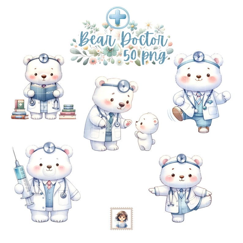Doctor Bear Watercolor Clipart: 50 PNG Illustrations (digital Download ...