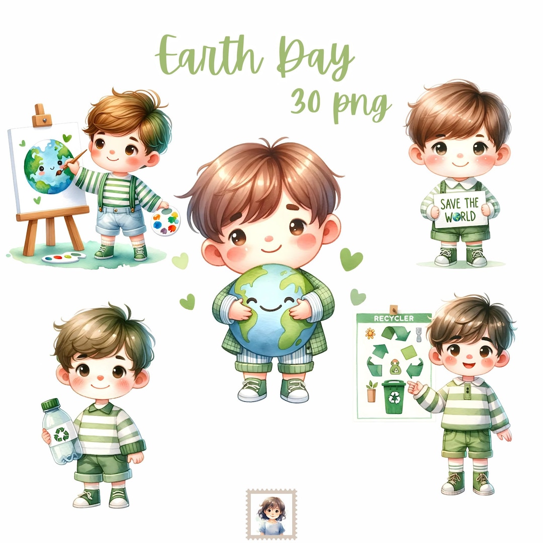 Earth Day Boy Watercolor Clipart: Environmental PNG Set (digital ...