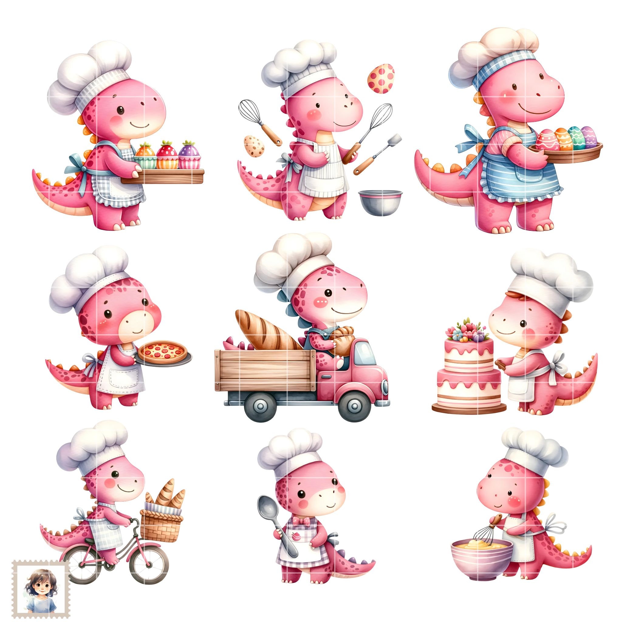 Cute Dinosaur Baker Chef : 45 HQ Watercolor PNG Illustrations - Instant ...