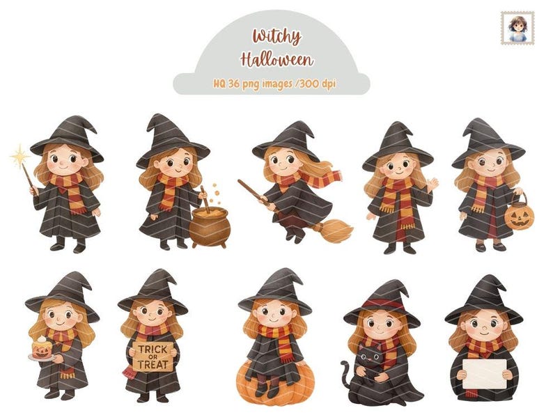 Witchy Halloween Clipart – 50 Pngs | Cute Witch & Pumpkin Illustrations ...