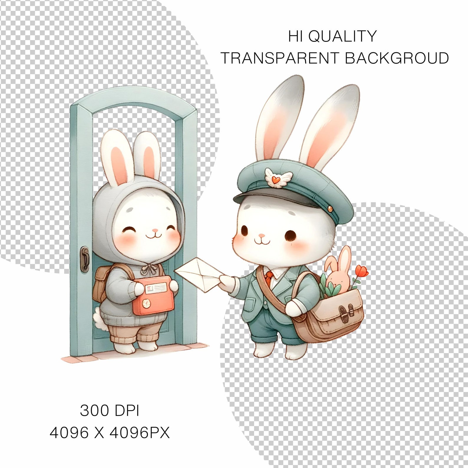 Bunny Postman Watercolor Clipart: 50 PNG Illustrations (digital ...