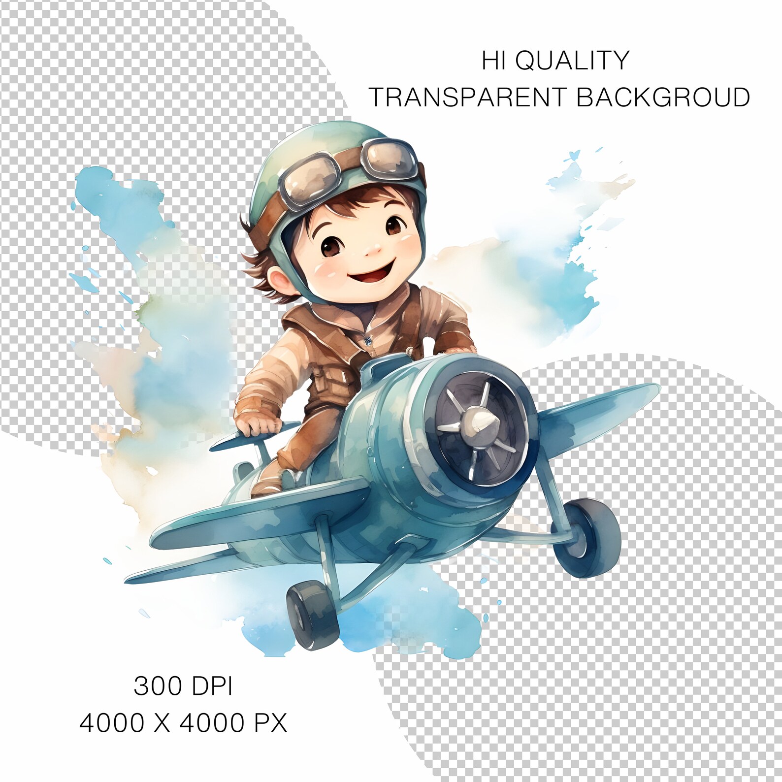 Adventurous Pilot: Watercolor PNG Illustrations of a Cute Boy Flying an ...