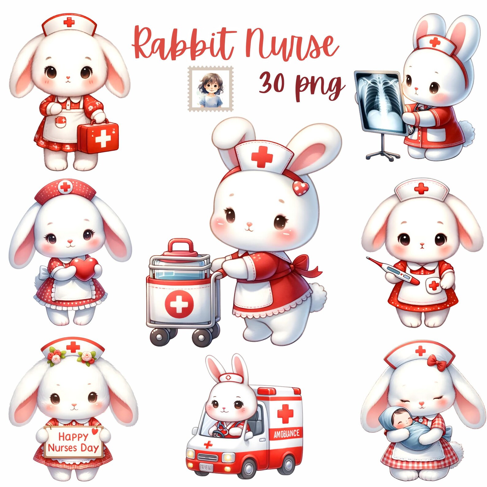 Whimsical Rabbit Nurse: 30 Watercolor PNG Illustrations Clipart instant ...