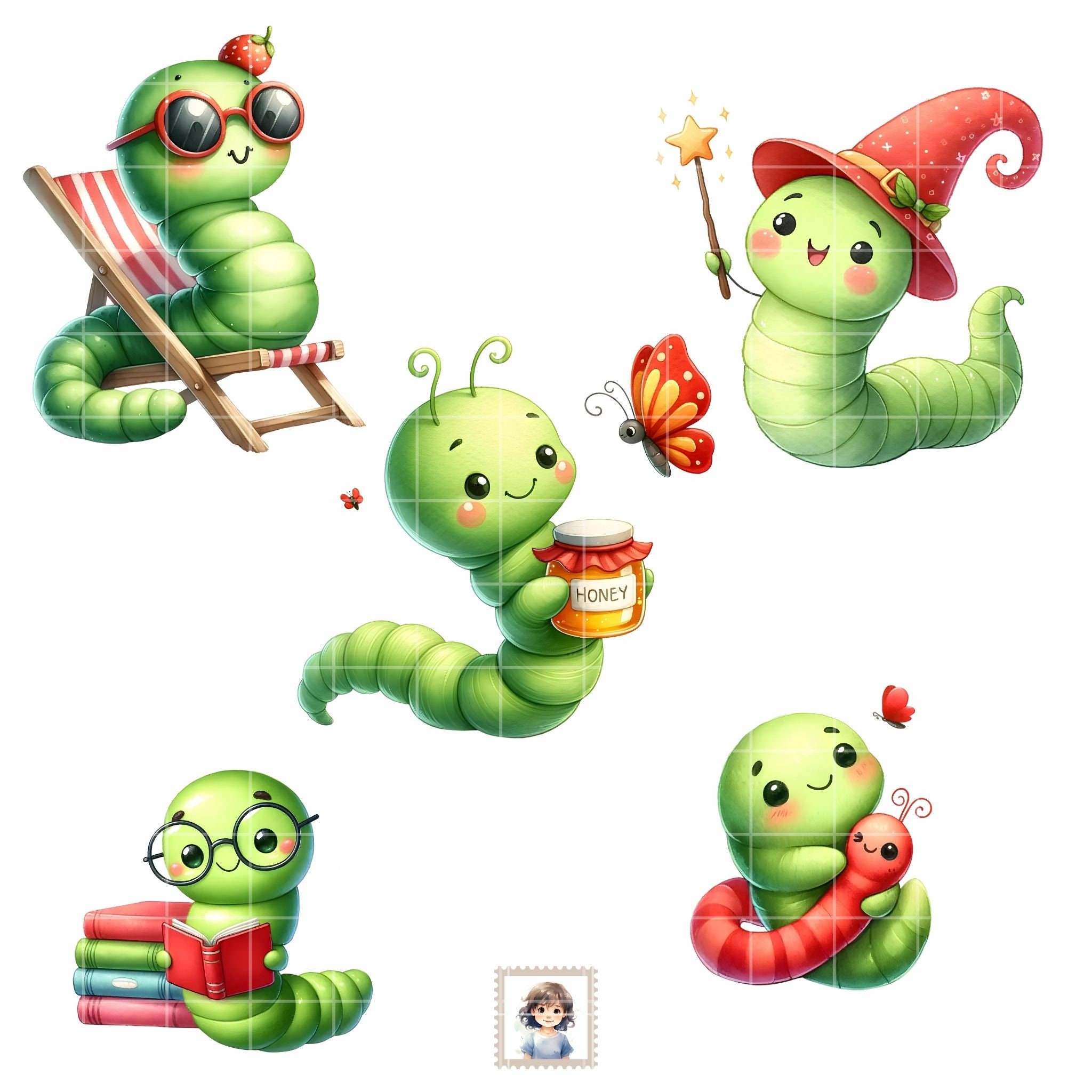 Cheerful Wormy Friends: 30 Cute Worm Watercolor Clipart Pngs - Digital ...