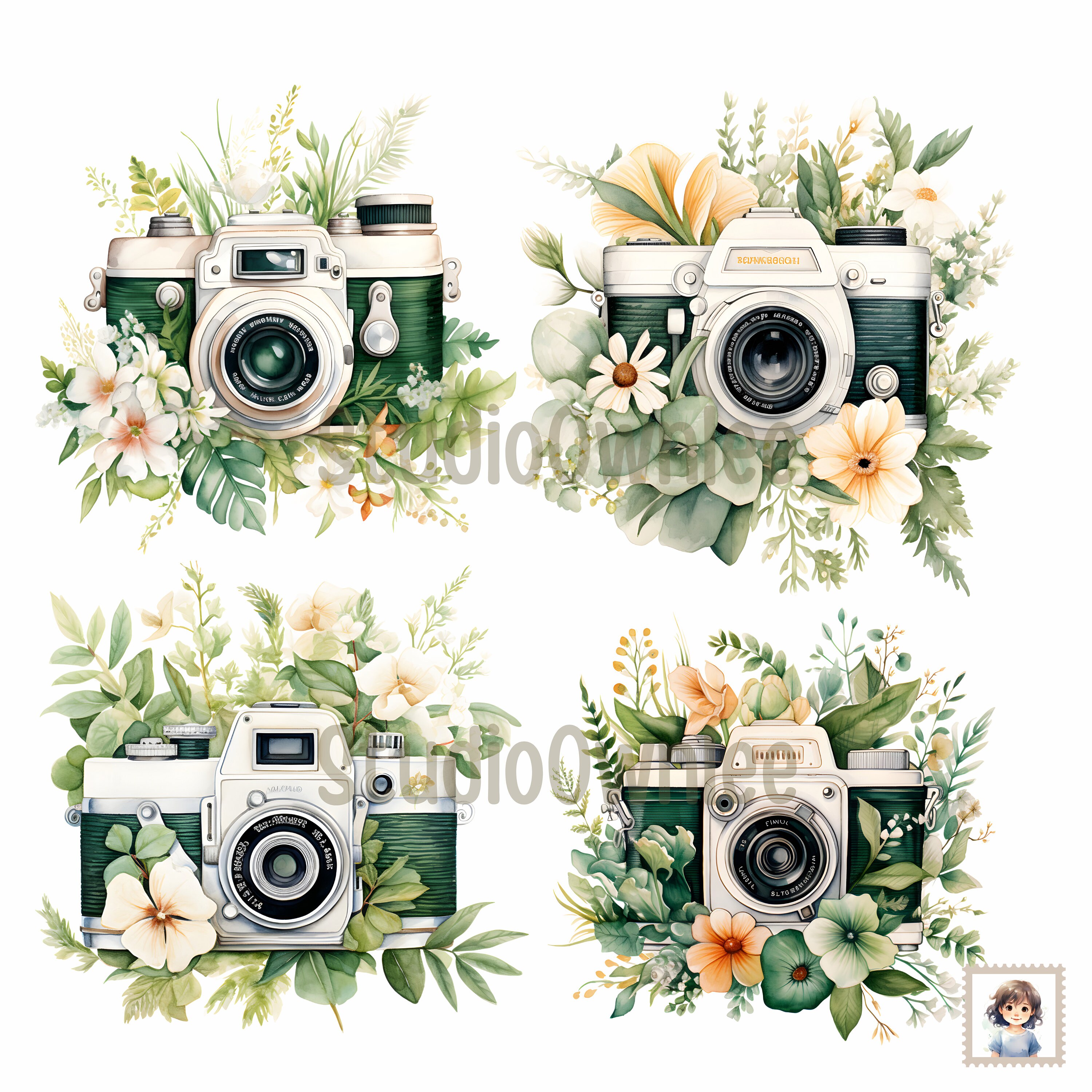 Vintage Captures: Watercolor Floral Retro Camera Clipart Instant ...