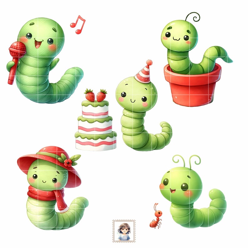 Cheerful Wormy Friends: 30 Cute Worm Watercolor Clipart Pngs - Digital ...