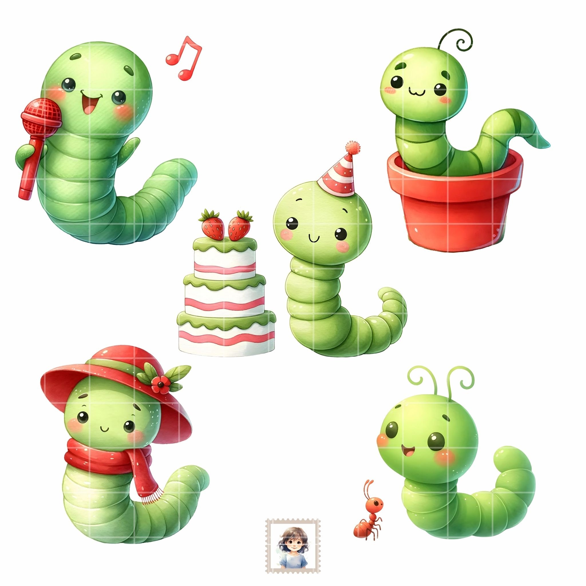 Cheerful Wormy Friends: 30 Cute Worm Watercolor Clipart Pngs - Digital ...