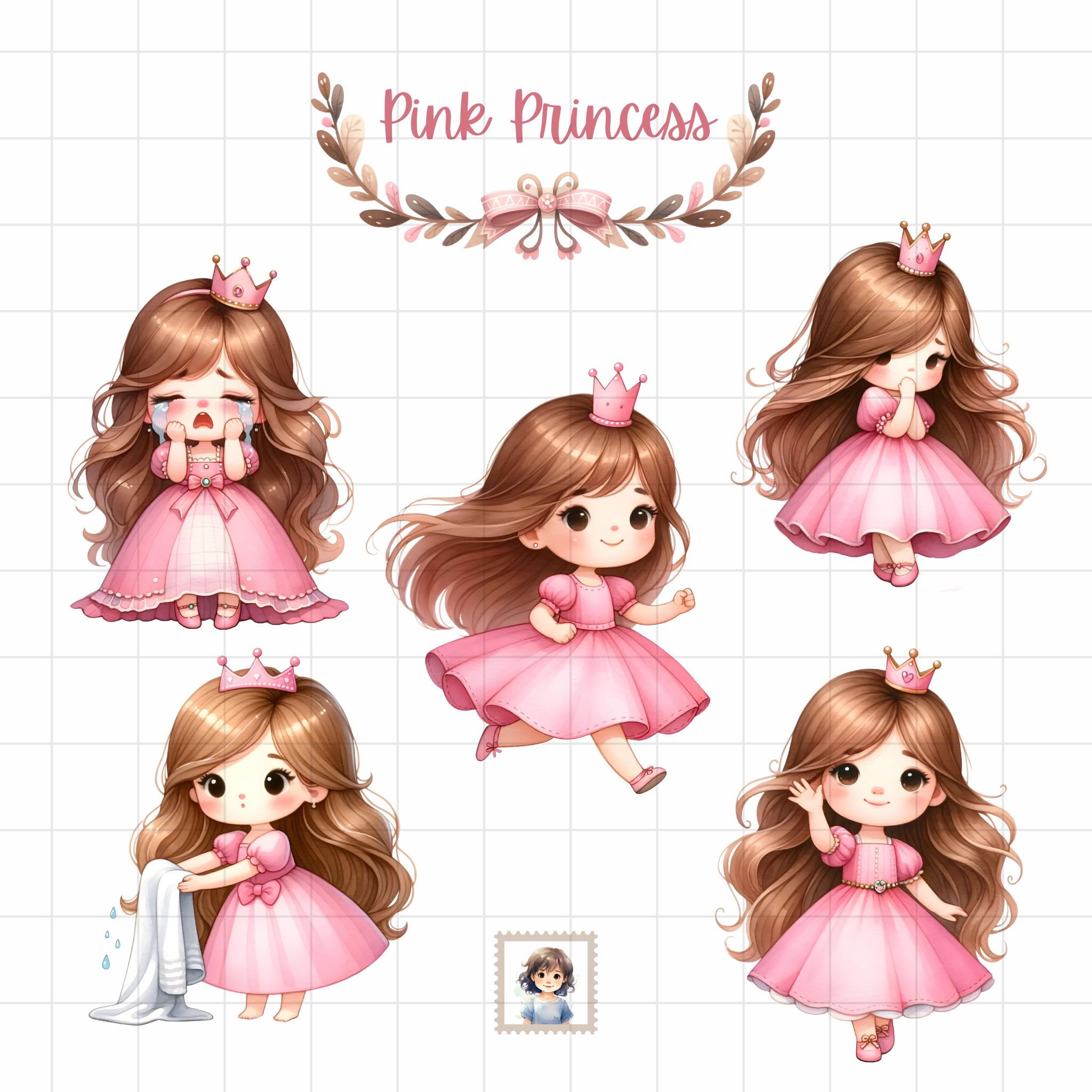 Pink Princess Birthday Watercolor Clipart: 50 PNG Illustrations ...