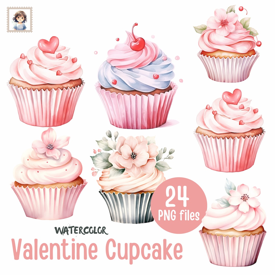 Sweetheart's Delight Watercolor Valentine's Day Cupcakes Clipart ...