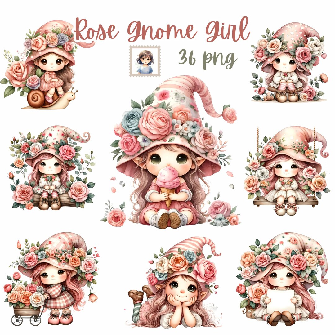 Rose Gnome: 36 PNG Watercolor Rose Gnome Girl Clipart - Instant ...