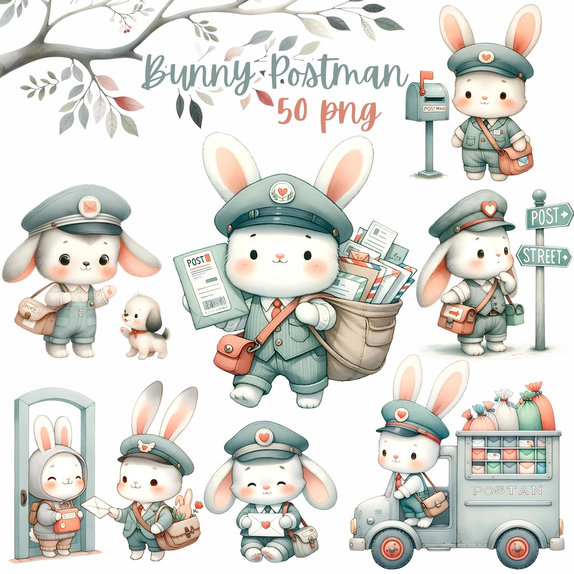 Bunny Postman Watercolor Clipart: 50 PNG Illustrations (digital ...