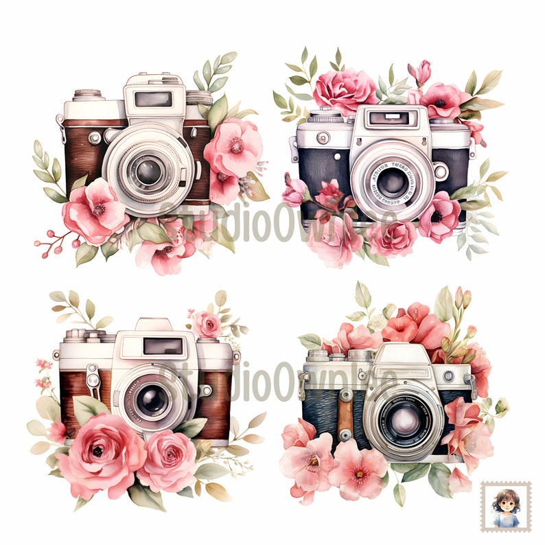 Vintage Captures: Watercolor Floral Retro Camera Clipart Instant ...
