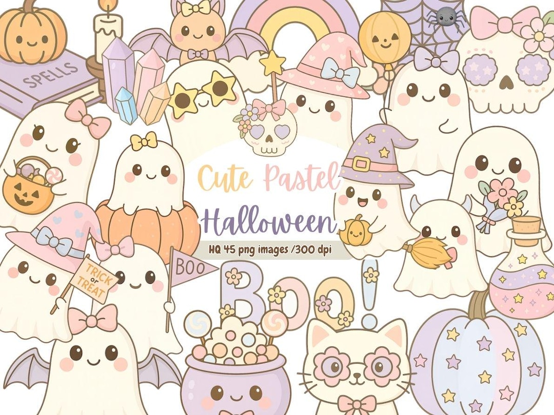 Pastel Halloween Clipart: Kawaii Ghosts, Pumpkins (45 Pngs) (digital ...