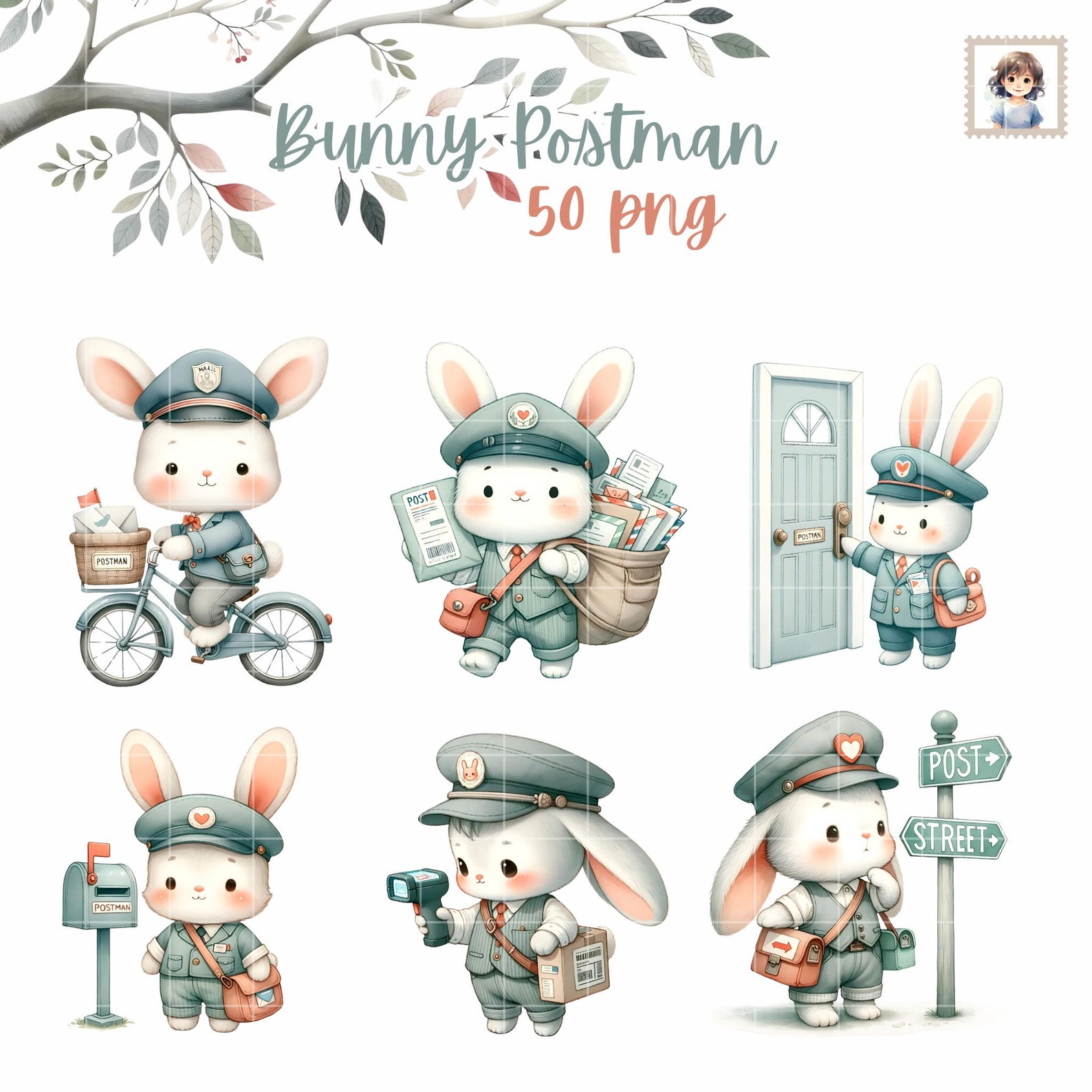 Bunny Postman Watercolor Clipart: 50 PNG Illustrations (digital ...