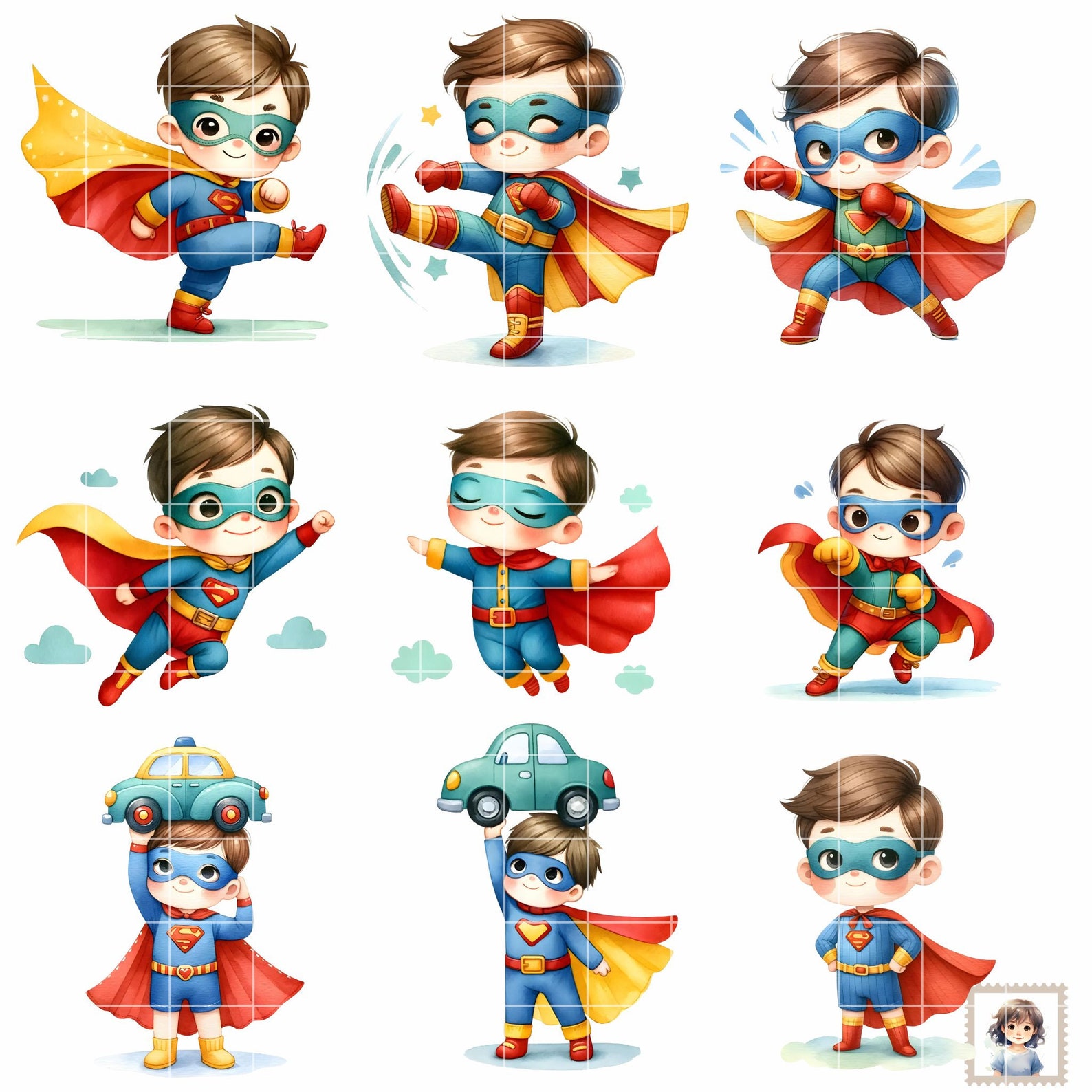 Superhero Adventures: 50 Watercolor PNG Illustrations Clipart of Boys ...