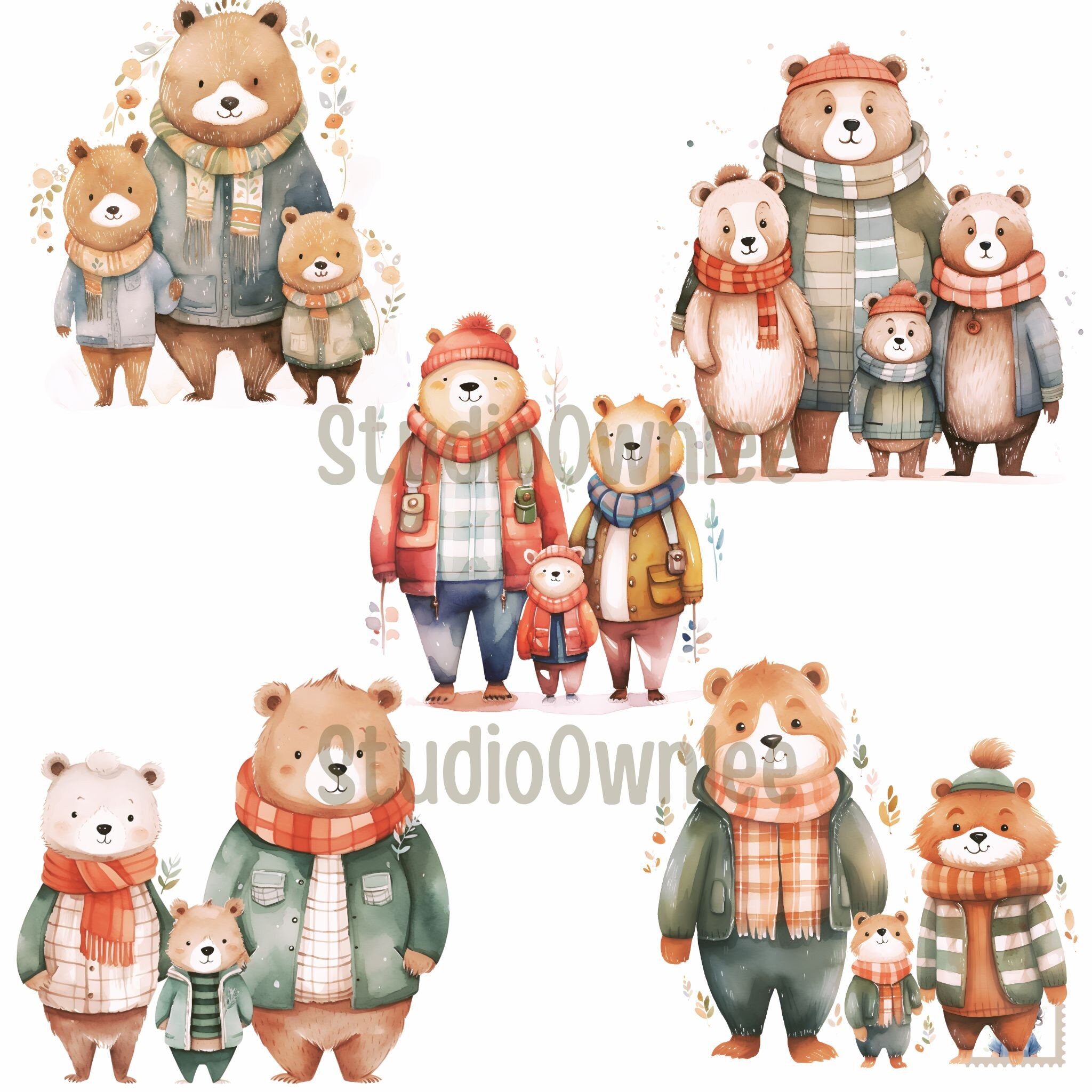 Watercolor Bear Family Clipart: 15 PNG Illustrations (digital Download ...