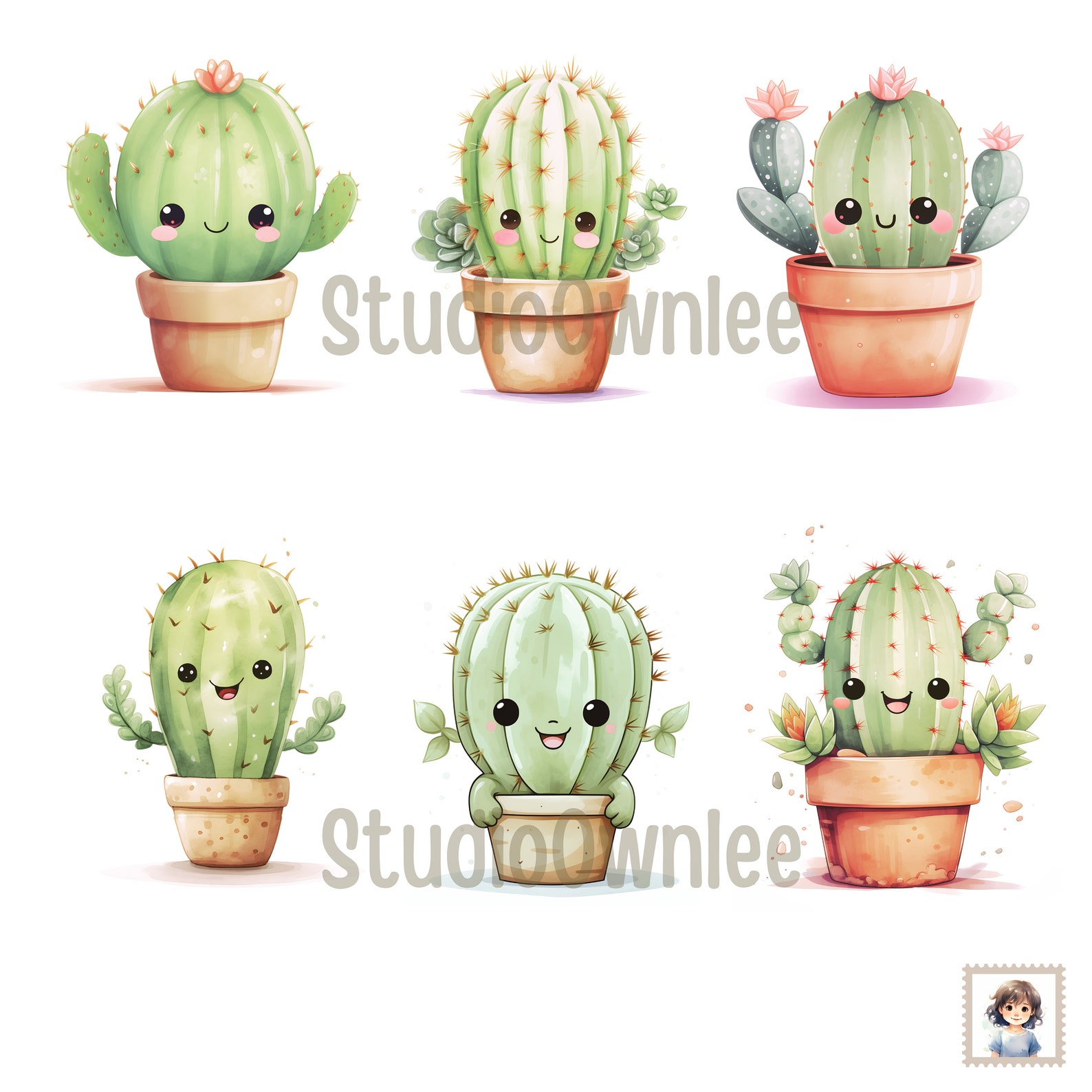Kawaii Cactus Watercolor Clipart: Prickly Pals Pngs (digital Download ...
