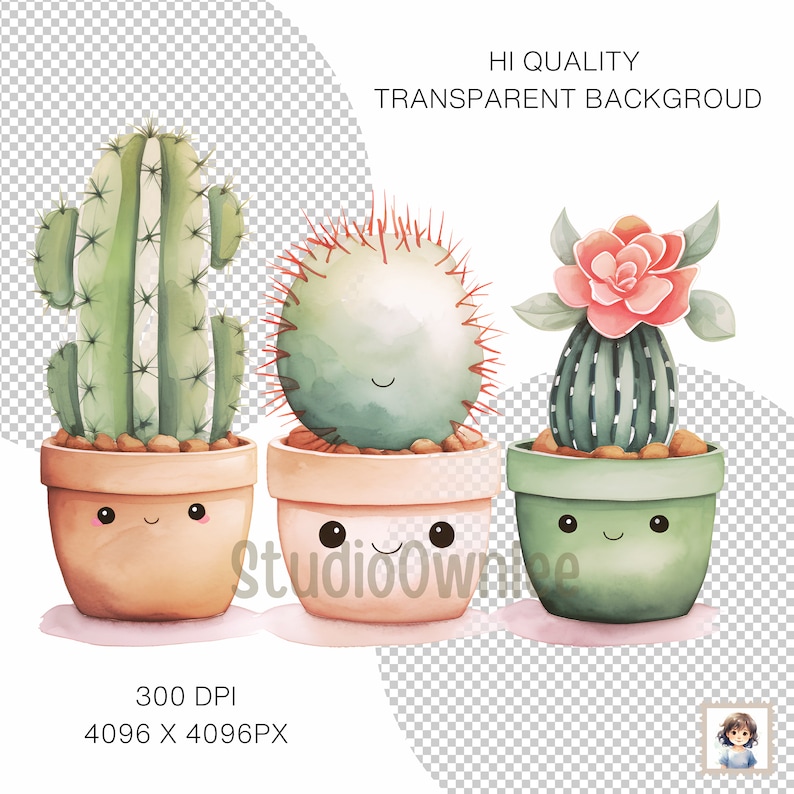 Kawaii Cactus Watercolor Clipart: Prickly Pals Pngs (digital Download ...