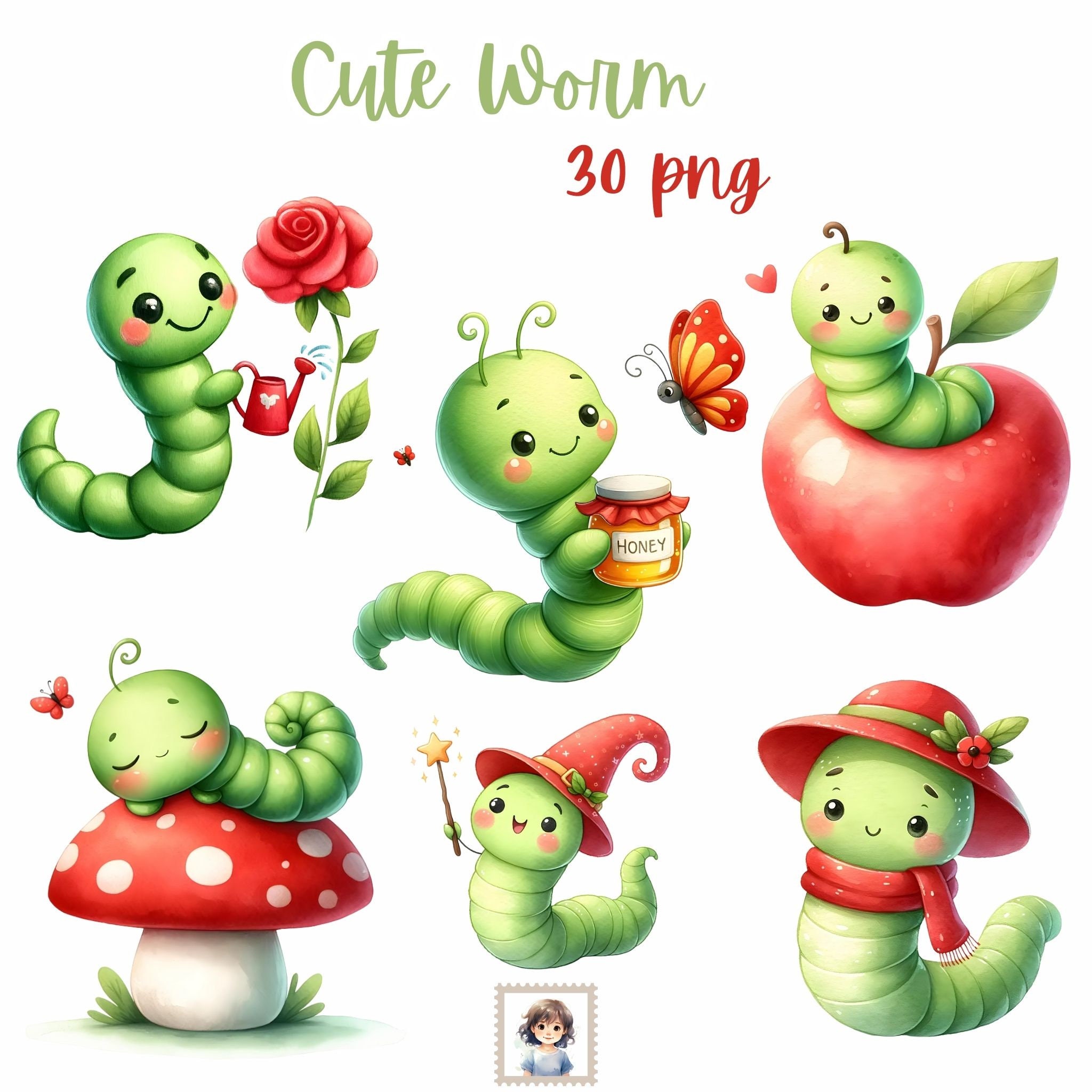 Cheerful Wormy Friends: 30 Cute Worm Watercolor Clipart Pngs - Digital ...