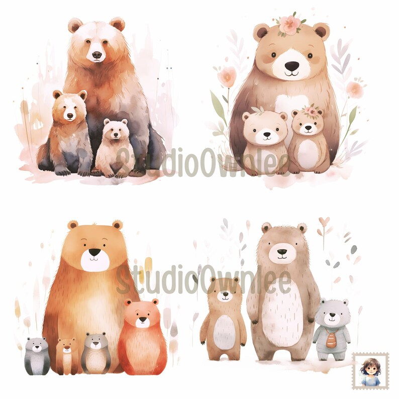 Watercolor Bear Family Clipart: 15 PNG Illustrations (digital Download ...