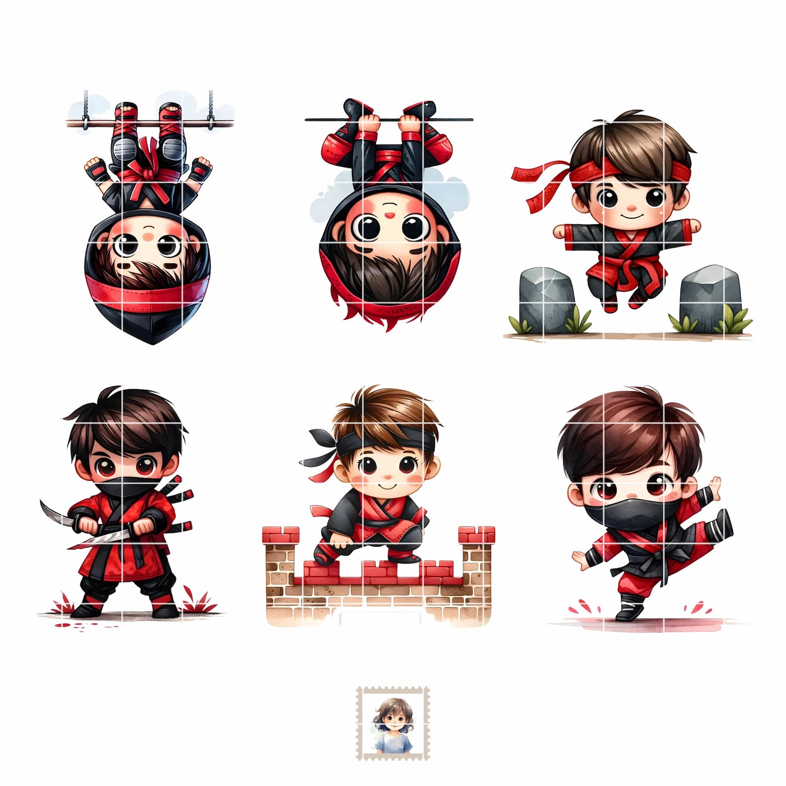Ninja Adventure: 36 Watercolor PNG Illustrations of Cute Ninja Boys ...
