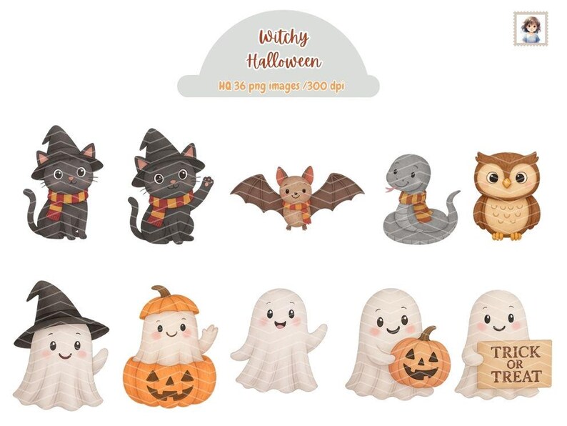 Witchy Halloween Clipart – 50 Pngs | Cute Witch & Pumpkin Illustrations ...