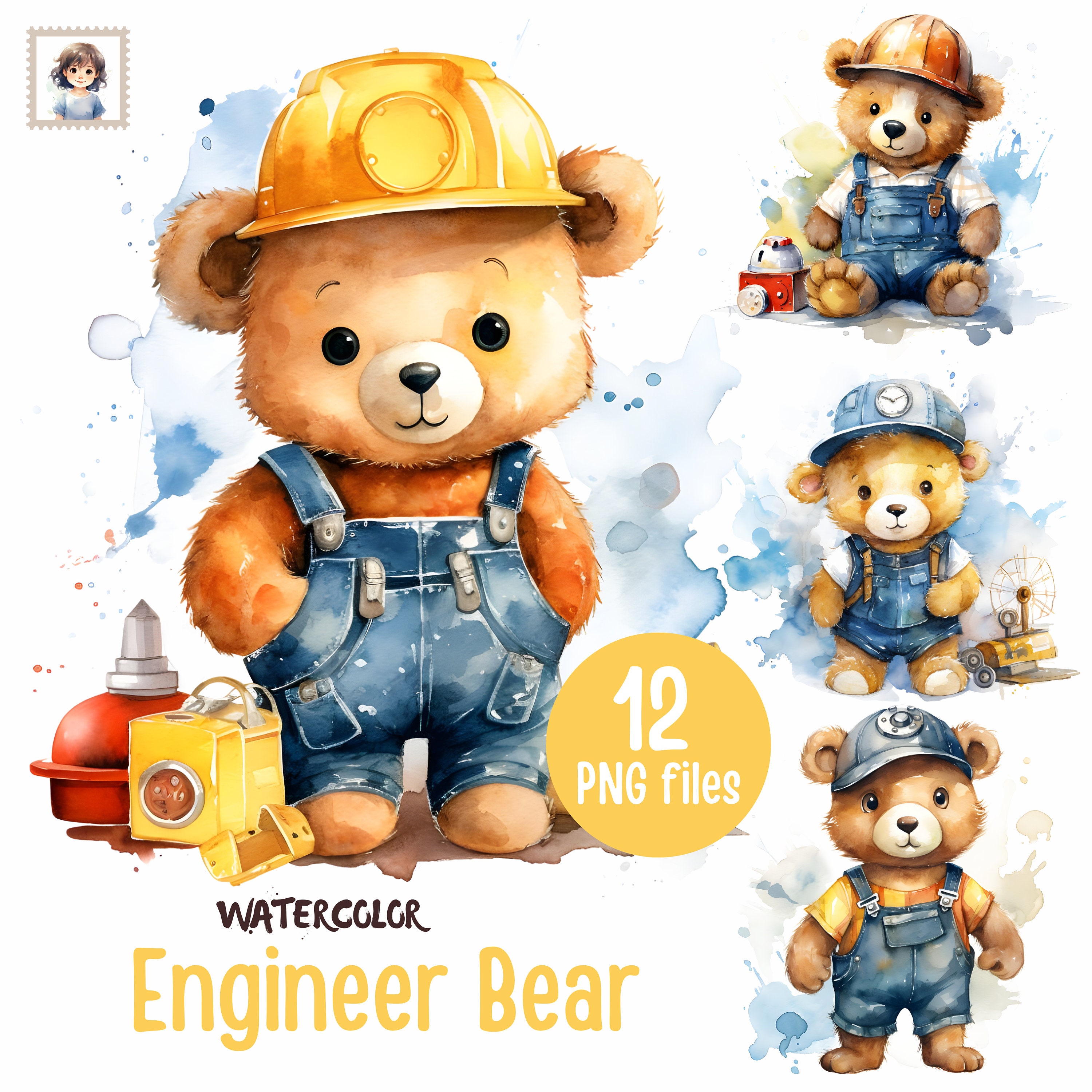 Ingenious Engineer Bears: Set of 12 Watercolor PNG Illustrations ...