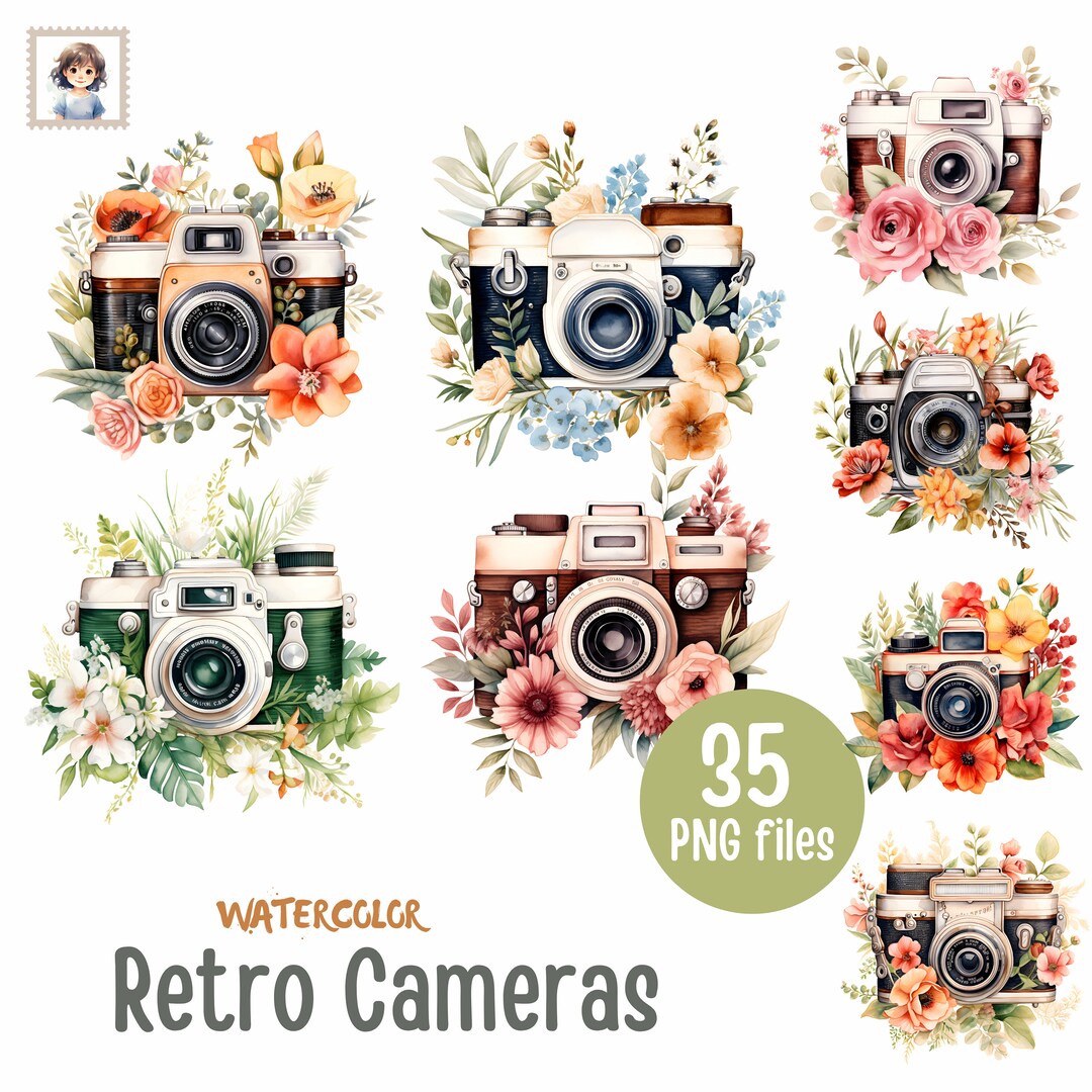 Vintage Captures: Watercolor Floral Retro Camera Clipart - Instant ...