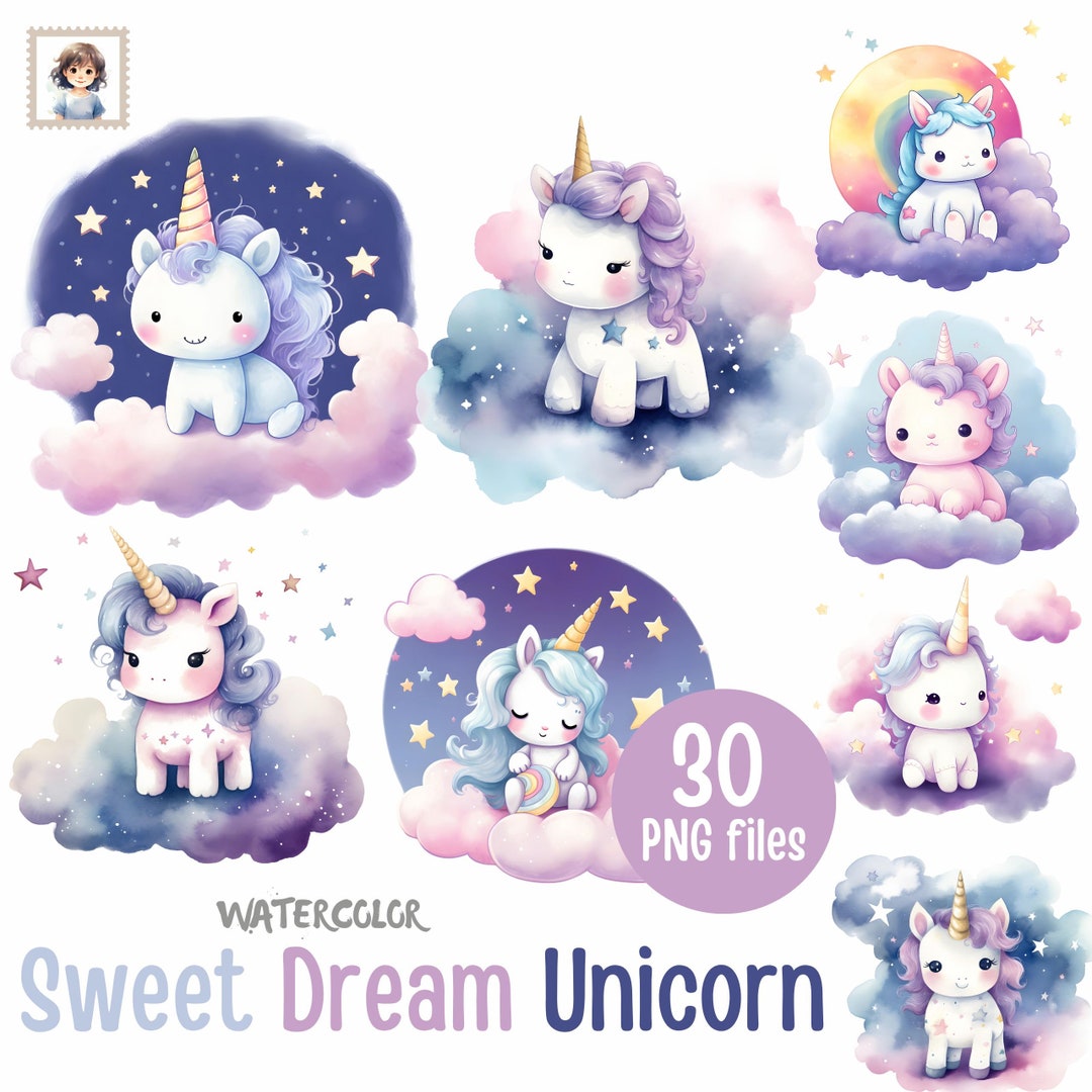 Dreamy Unicorn : 30 Cute Sweet Dream Unicorn Clipart Bundle Watercolor ...