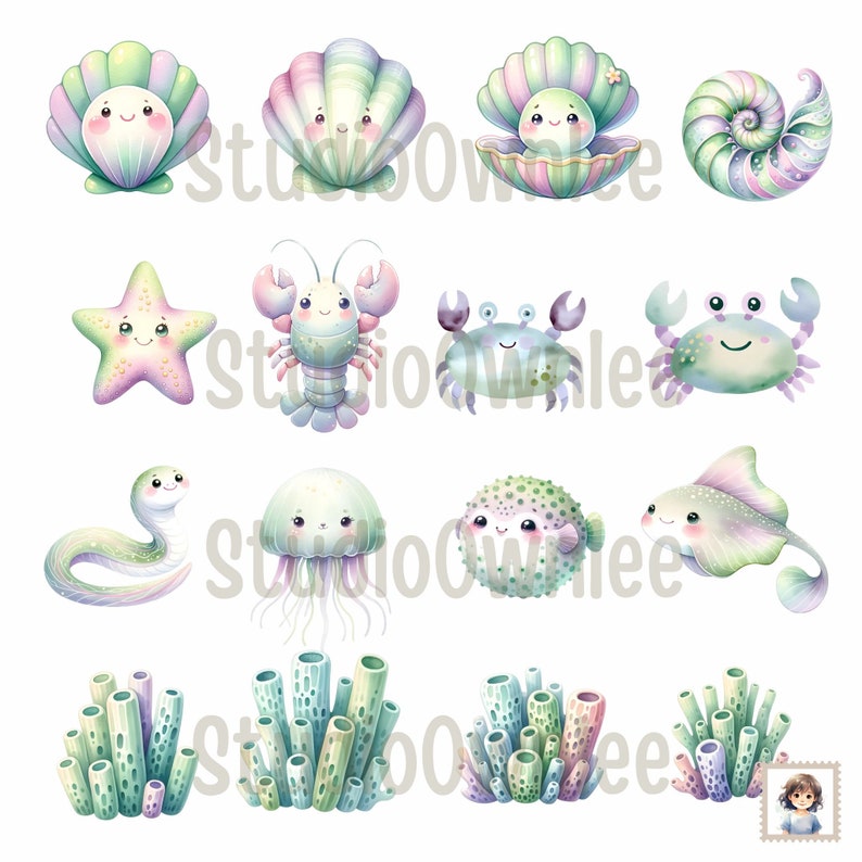 Undersea Wonders: 50 HQ Watercolor PNG Illustrations of Sea Ocean ...