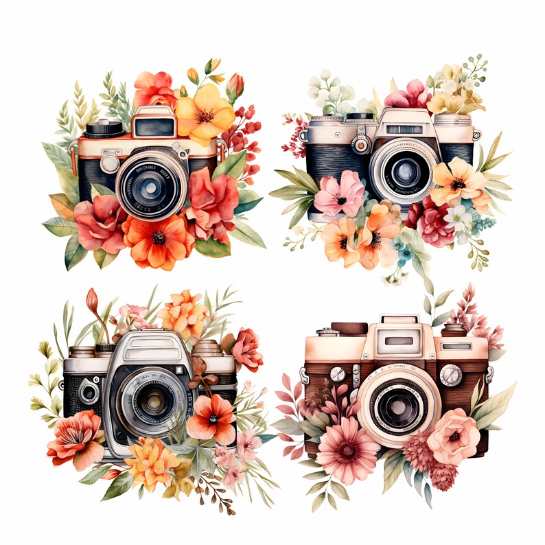 Vintage Captures: Watercolor Floral Retro Camera Clipart Instant ...