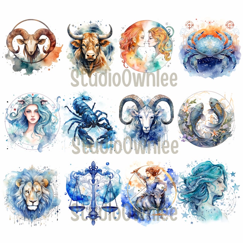 Watercolor Zodiac Clipart Bundle: 60 PNG Astrology Illustrations ...
