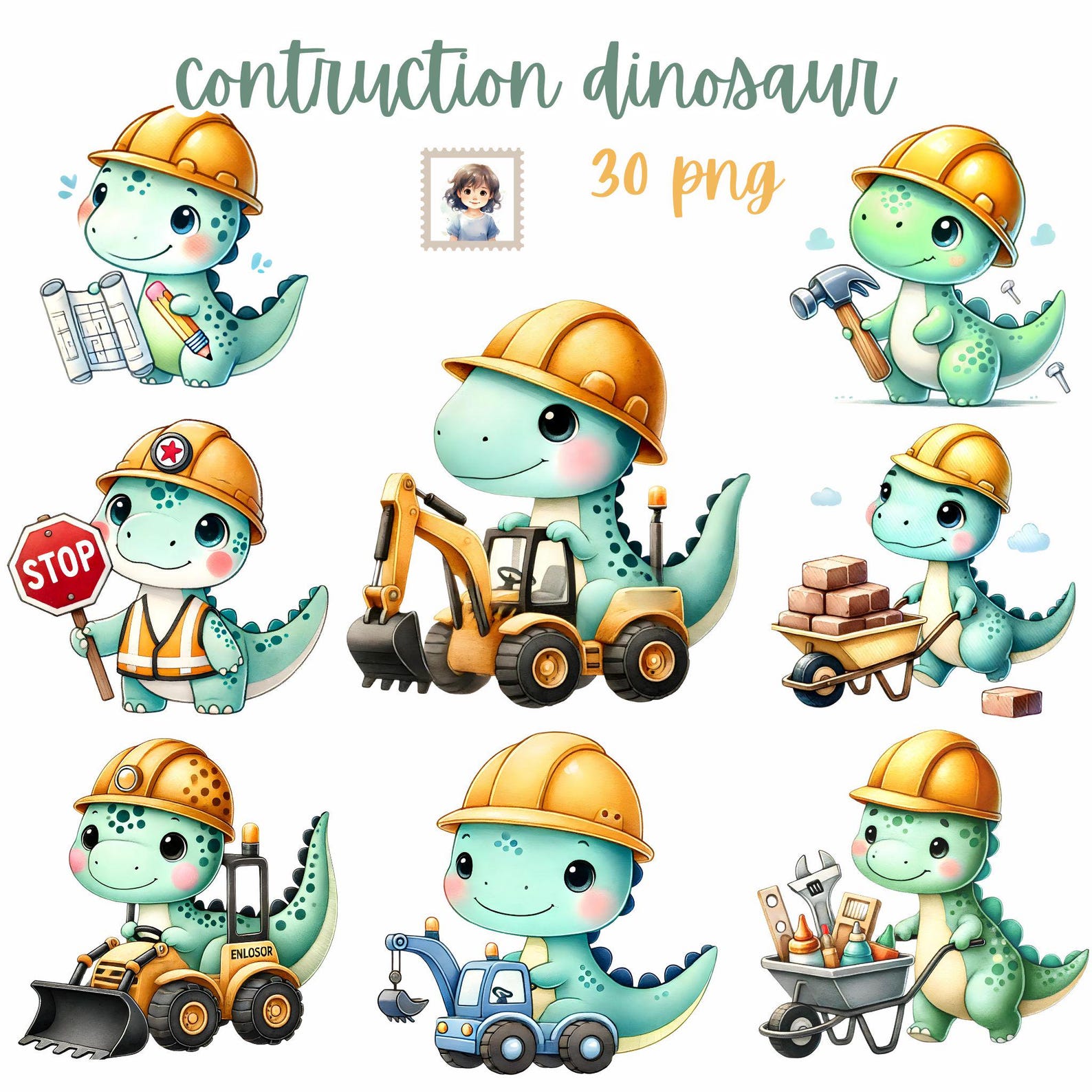 Construction Dinosaur Clipart Set: 30 PNG Illustrations (commercial Use ...