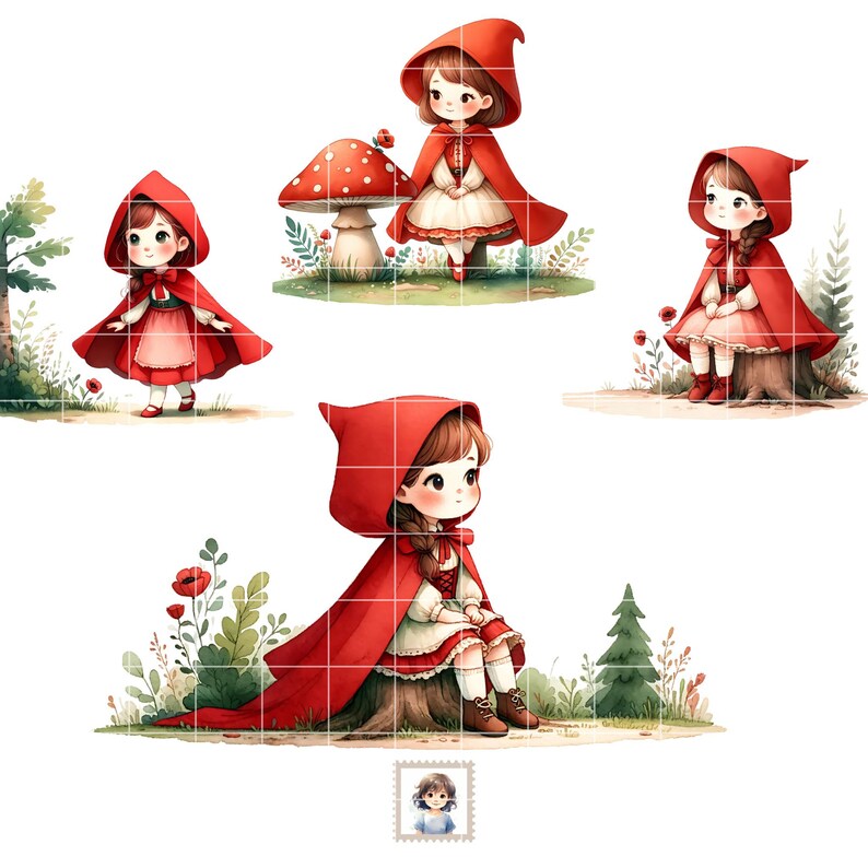Red Riding Hood Watercolor Clipart: Fairytale PNG Files (digital ...