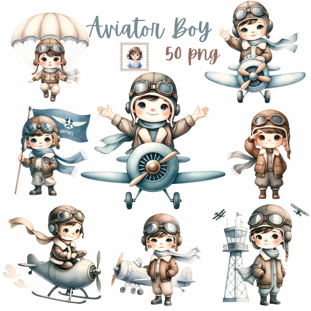 Aviator Boy Watercolor Clipart: 50 PNG Illustrations (digital Download ...