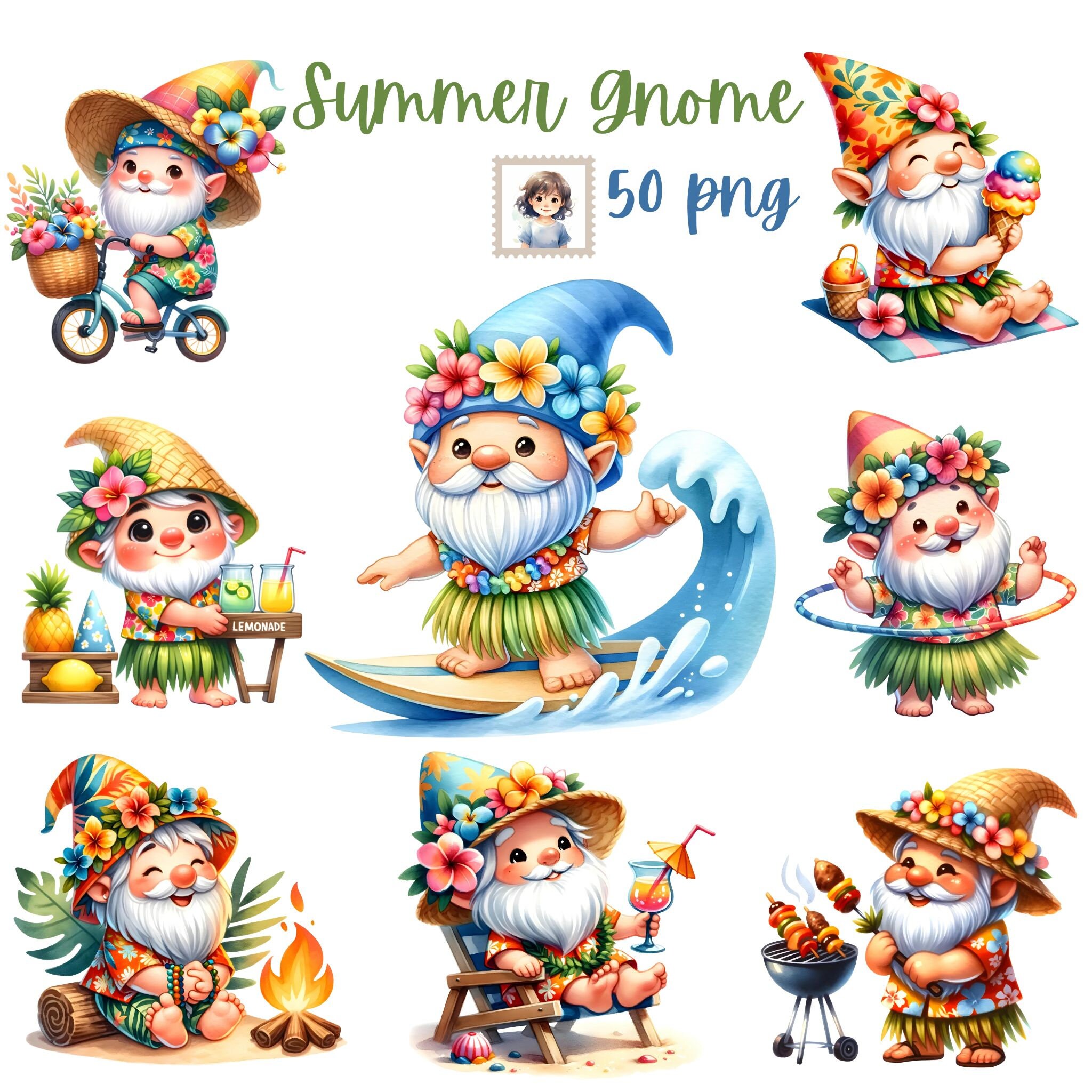 Sunny Gnome Delight: 50 Watercolor PNG Illustrations of Summer Gnomes ...