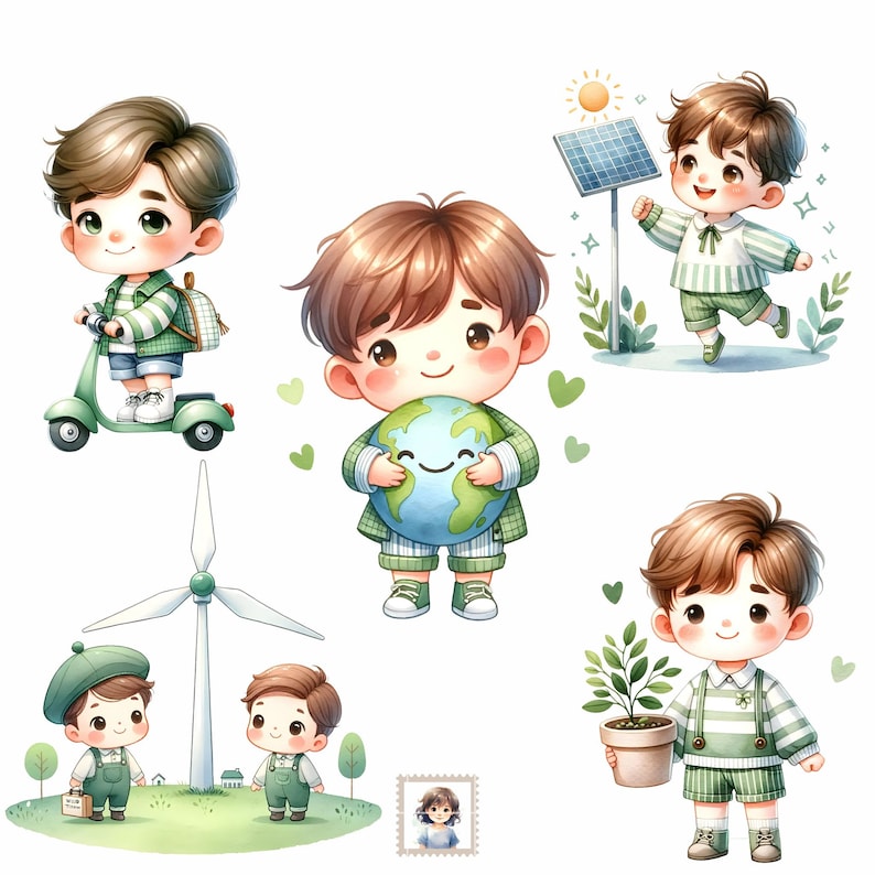 Earth Day Boy Watercolor Clipart: Environmental PNG Set (digital ...