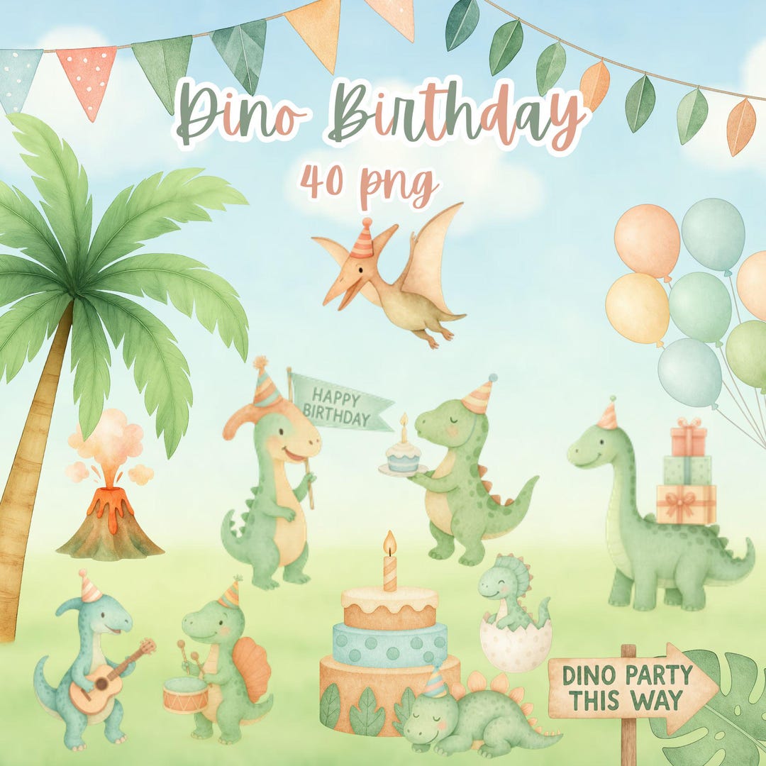 Dino Birthday Clipart: 40 Watercolor Pastel Dinosaur Party PNG (digital ...