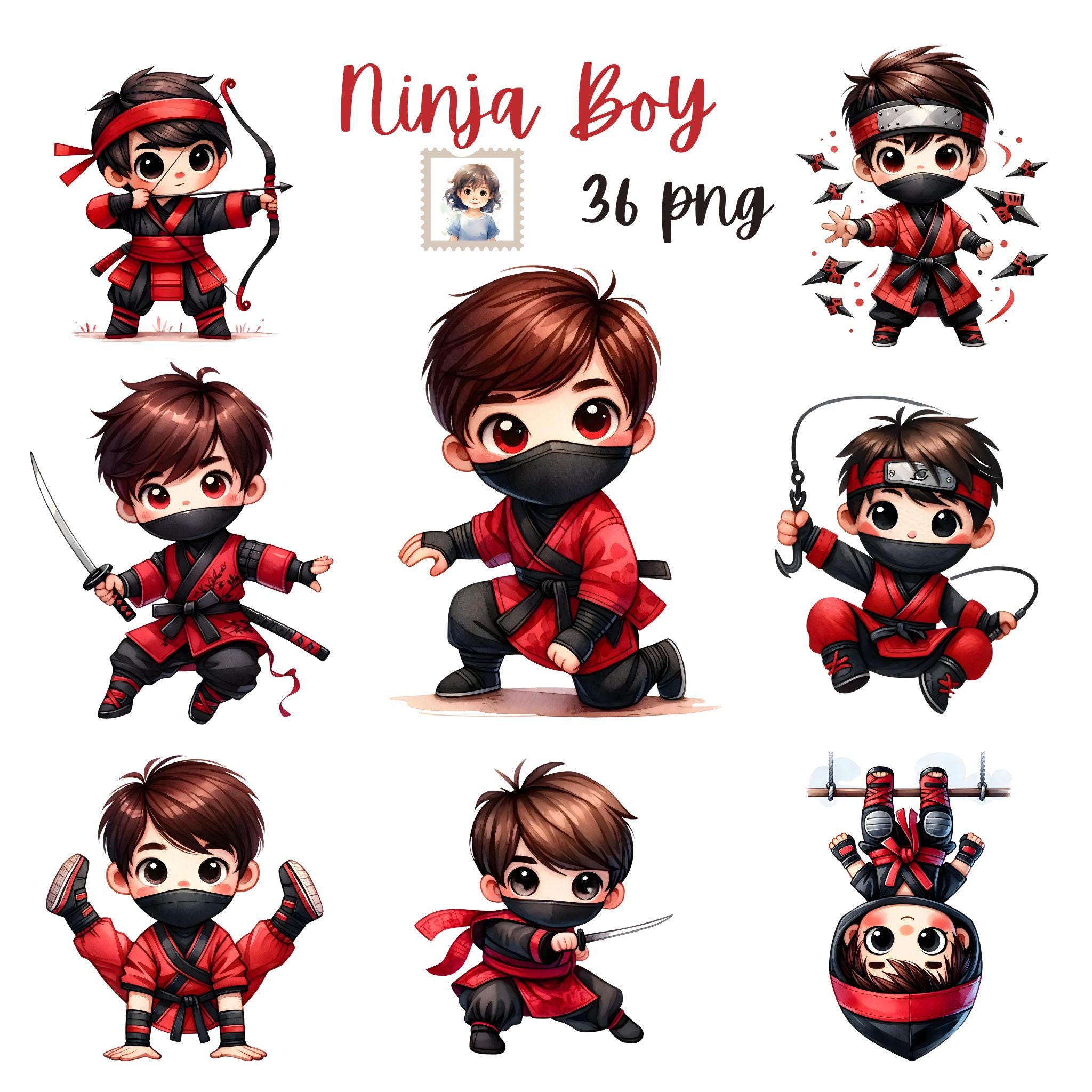 Ninja Adventure: 36 Watercolor PNG Illustrations of Cute Ninja Boys ...